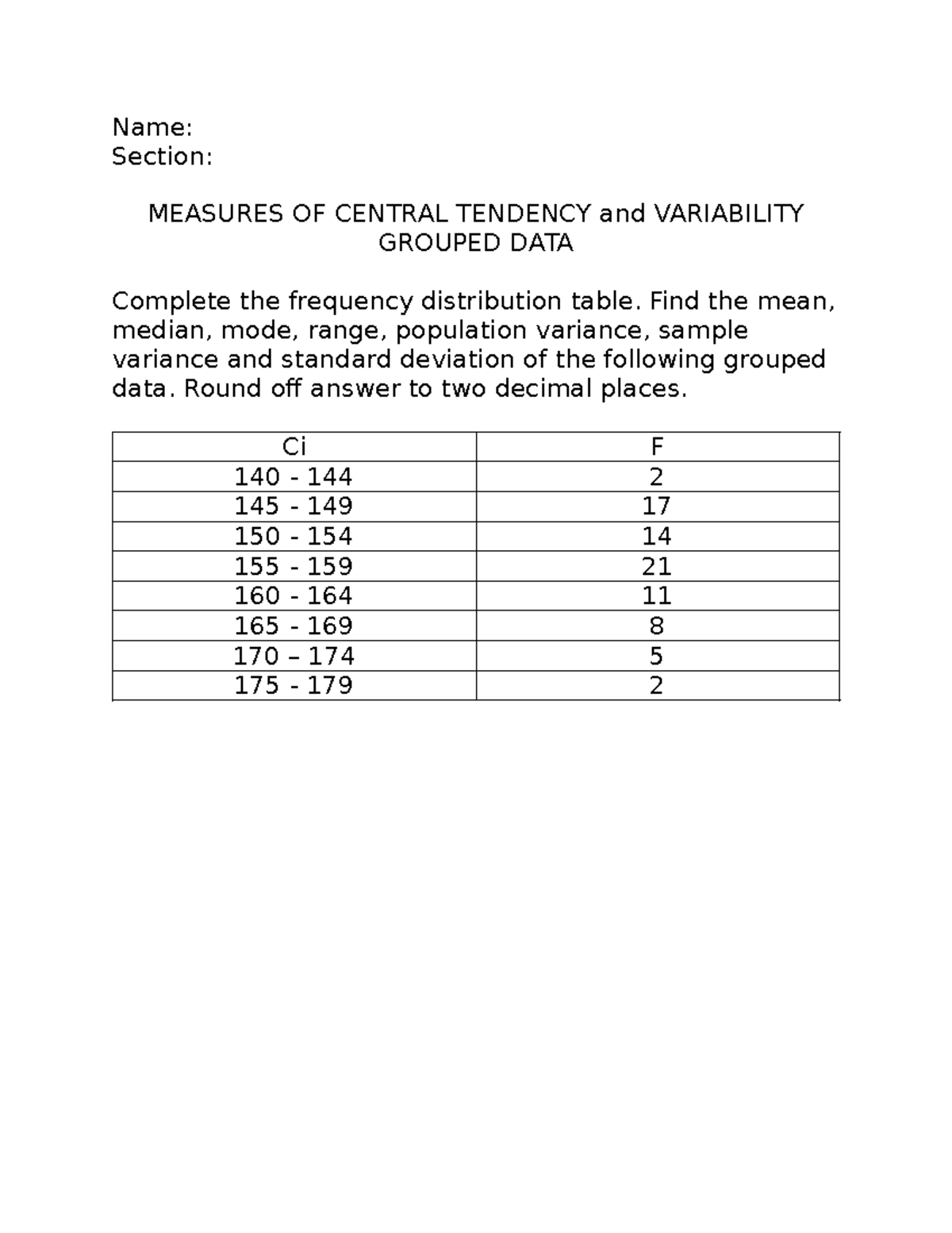 Measures of Central Tendecy Variability Grouped Data Assignment ...