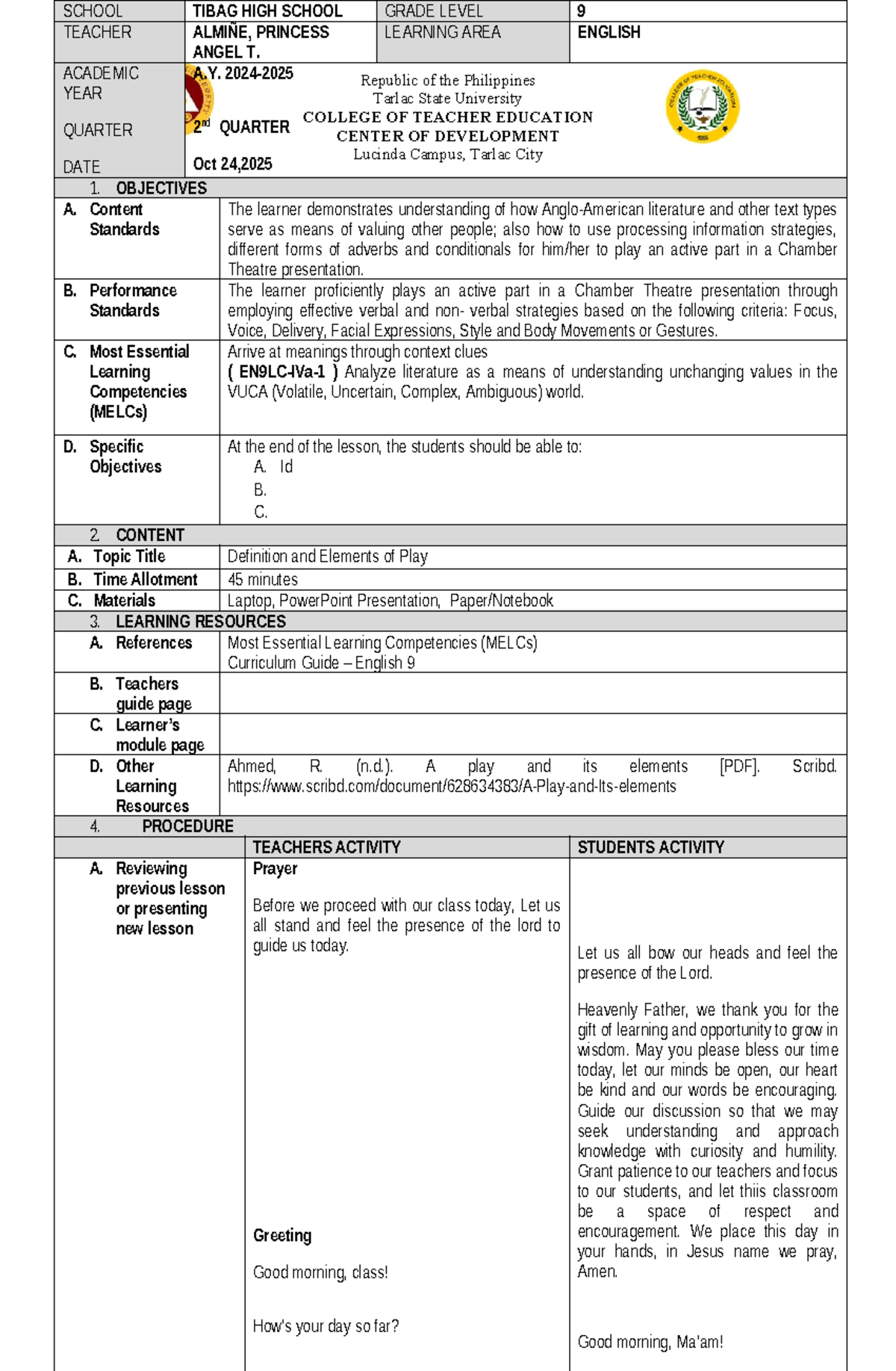 PLAY DLP 4: Understanding Literature and Theatre in English 9 - Studocu