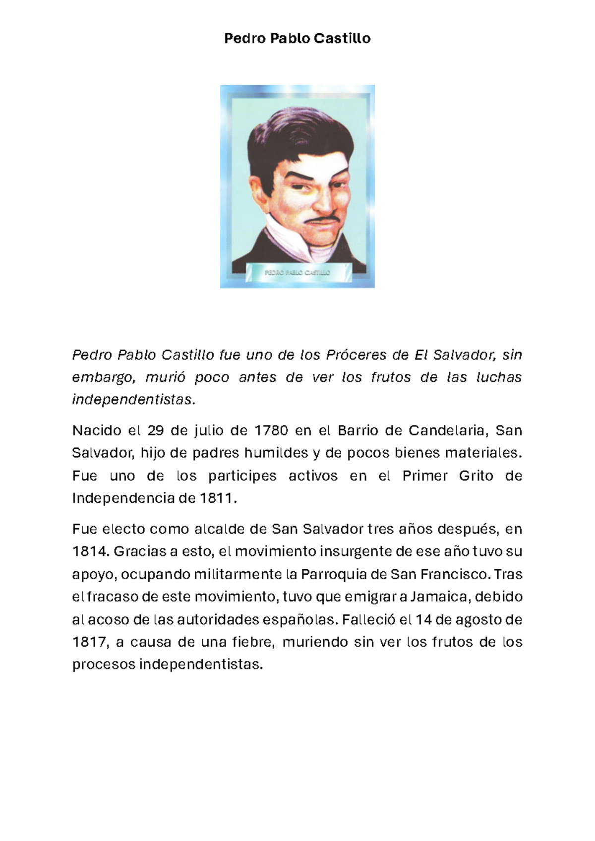 Pedro Pablo Castillo: Prócer de la Independencia de El Salvador - Studocu