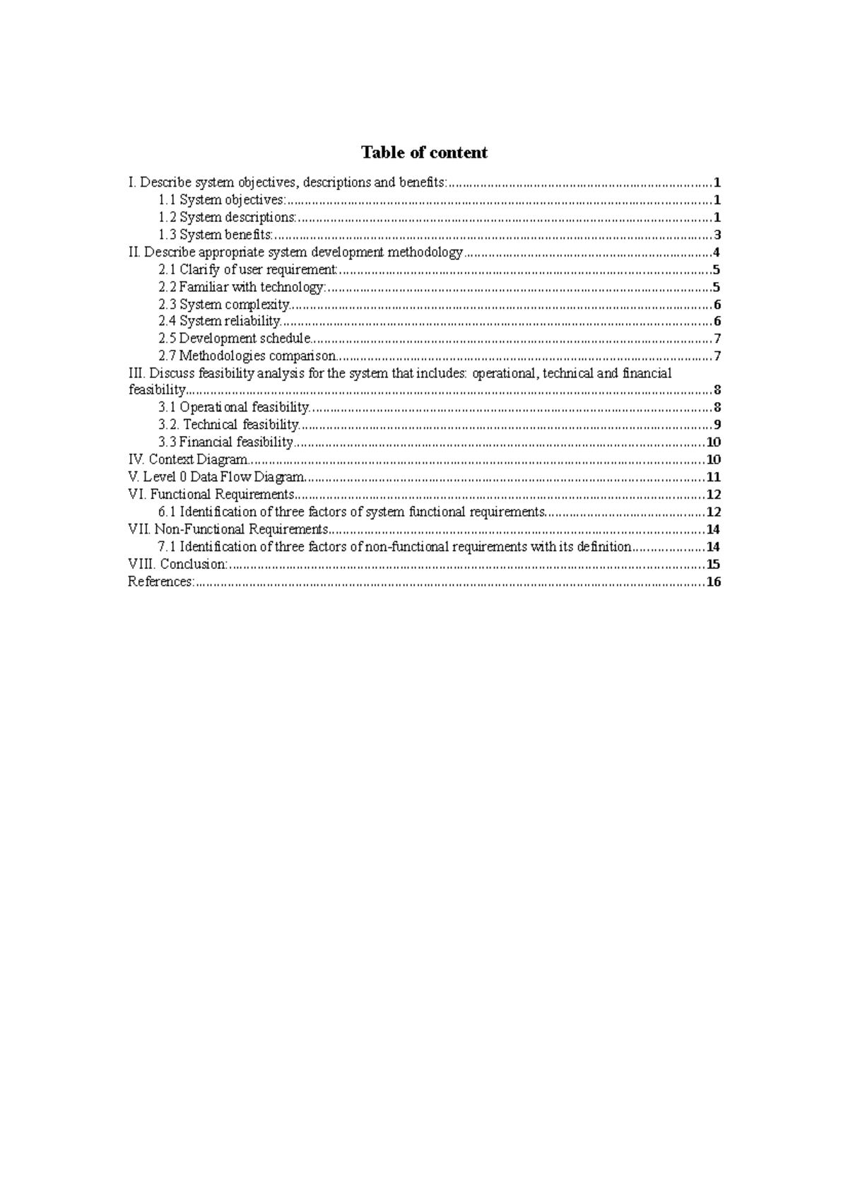 System Analysis and Design - Table of content I. Describe system ...