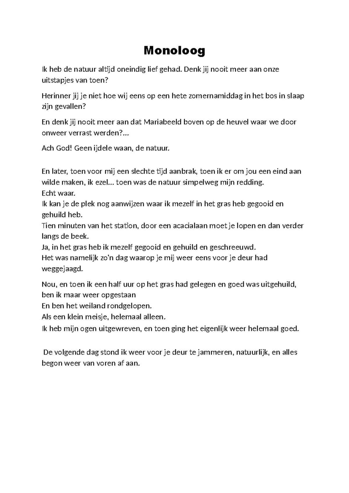 Monoloog over de eenzame weg van liefde en natuur - Studeersnel