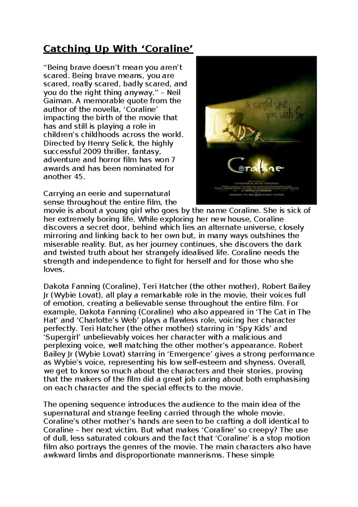 ENG 101: Coraline Film Review - Exploring Bravery and Courage - Studocu