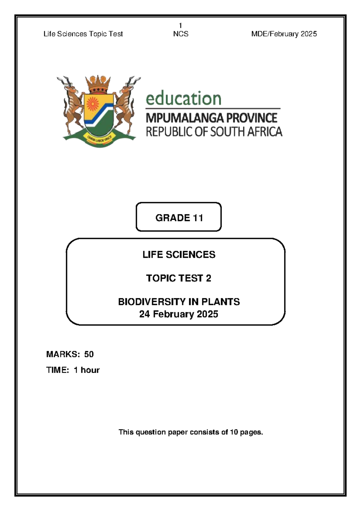 Grade 11 Life Sciences Topic Test 2: Biodiversity in Plants (Feb 2025 ...