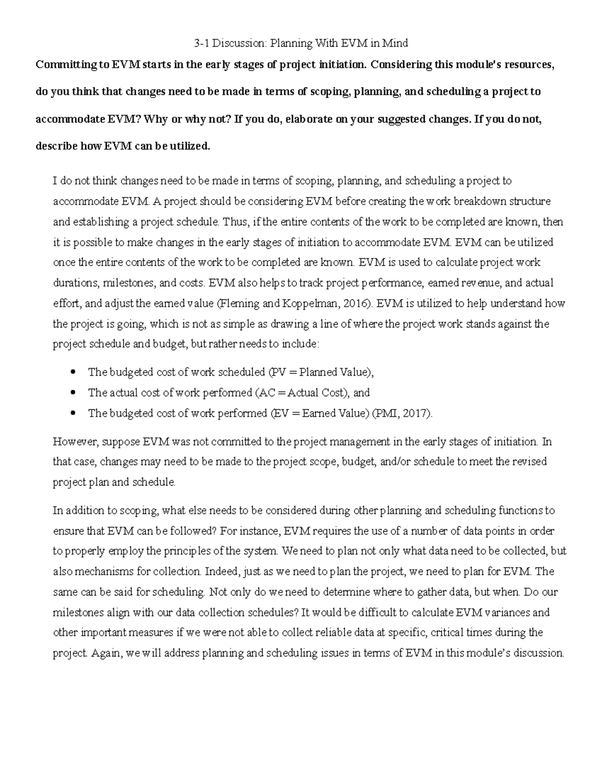 QSO420 3-1 Discussion: Effective Planning with EVM Principles - Studocu