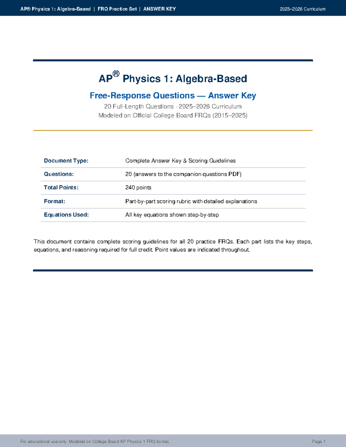 AP Physics 1: FRQ Practice Set Answer Key (20 Questions) - Studocu