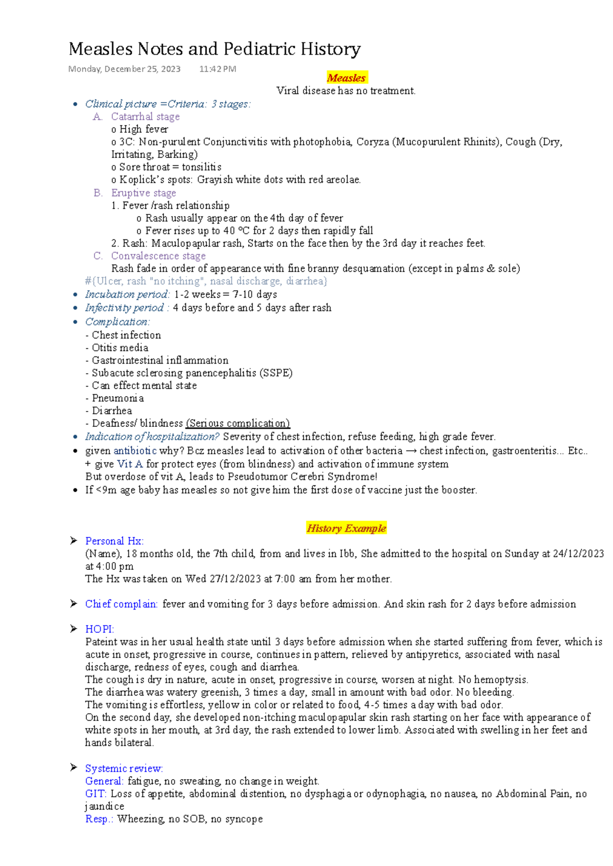 Pediatric Case Study on Measles: Clinical notes & Patient History - Studocu