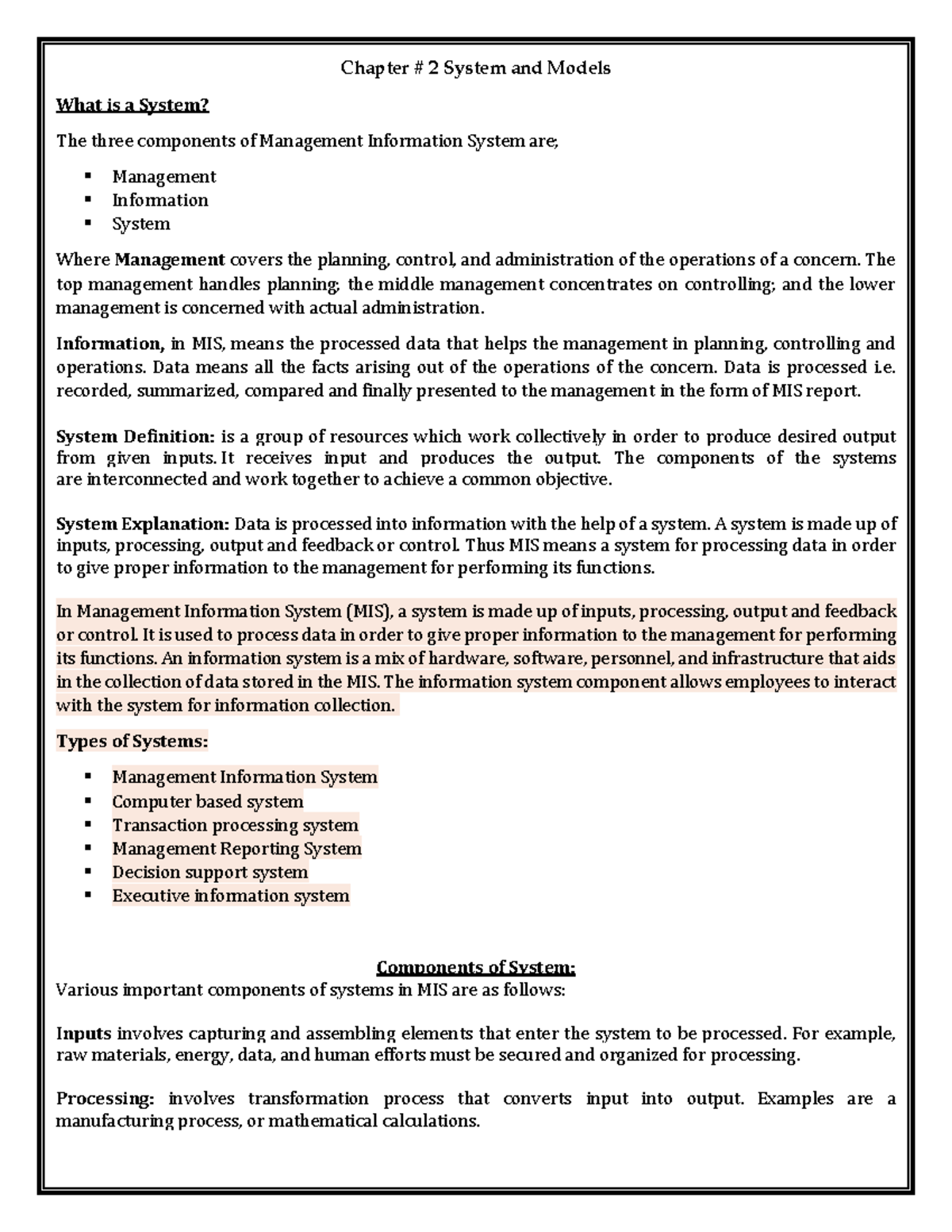 Chapter 2 systems - Chapter # 2 System and Models What is a System? The three components of ...