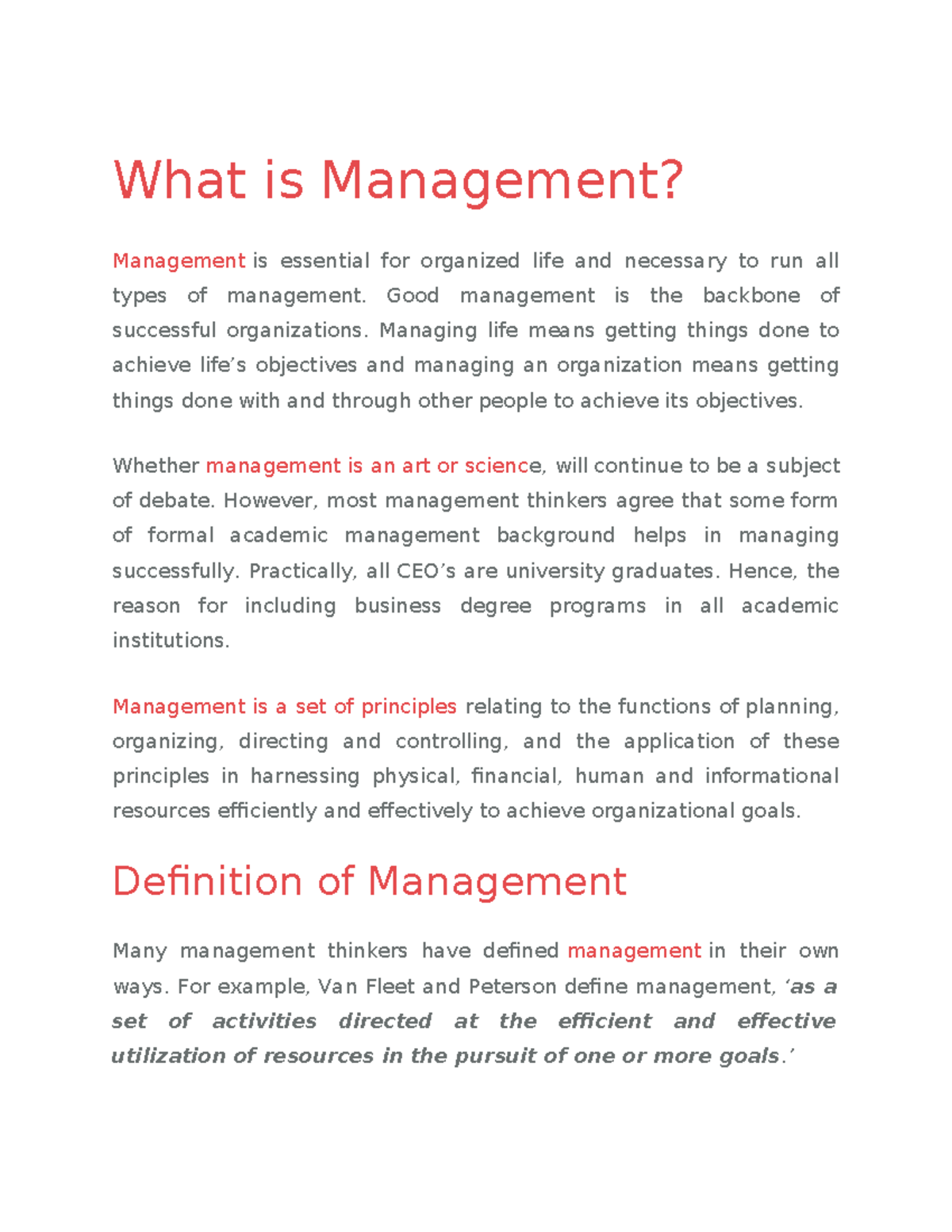 Management and Organization: Key Concepts and Definitions - Studocu