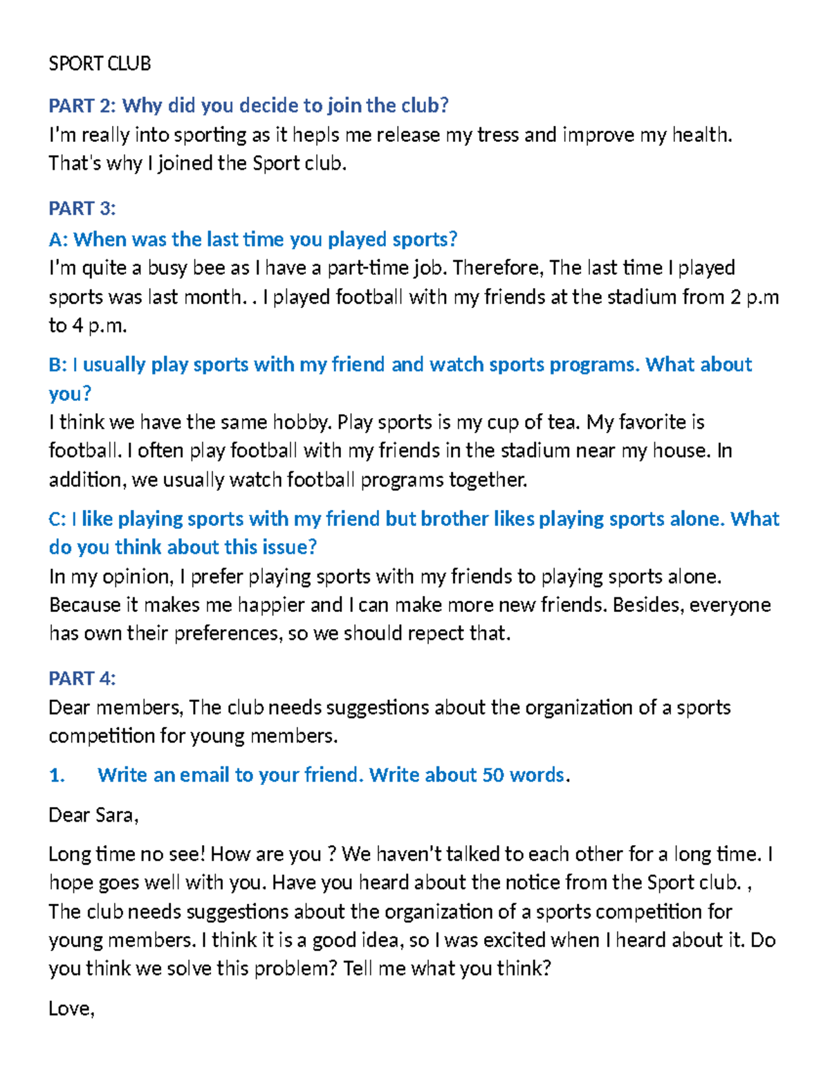 Sport CLUB - Writing Reflections and Suggestions for Activities - Studocu
