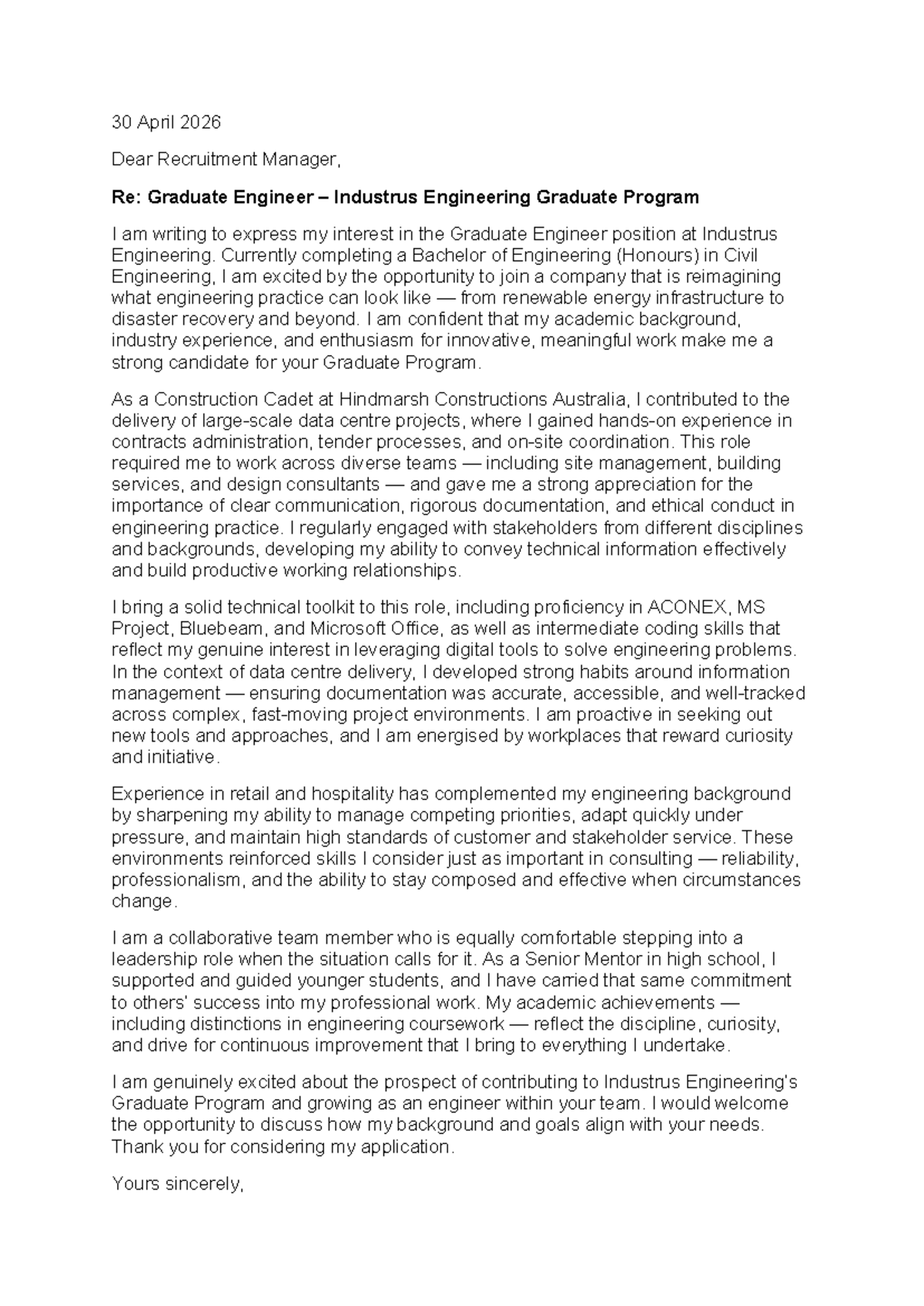 Cover Letter for Graduate Engineer Position - Industrus Engineering ...