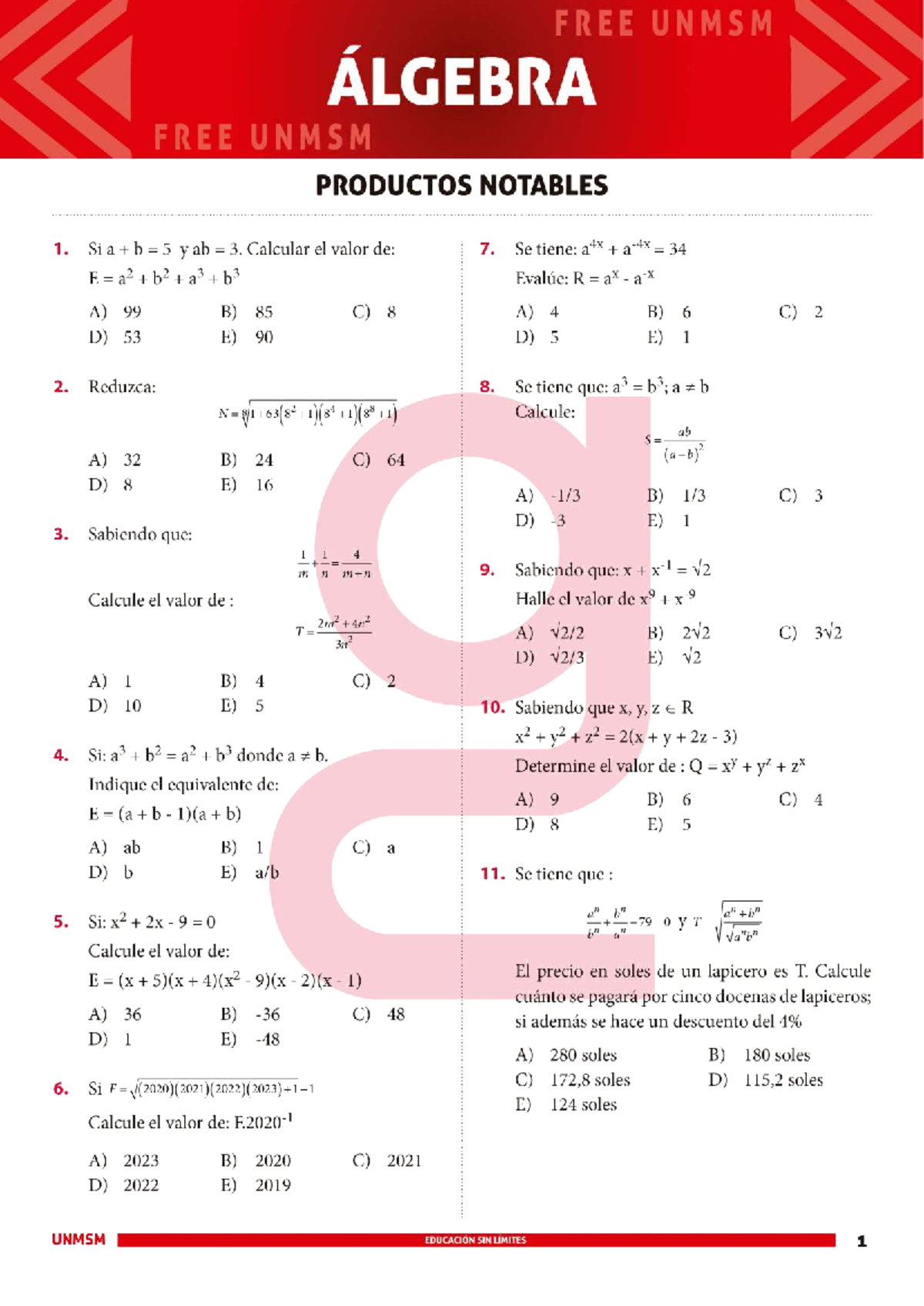 UNMSM Álgebra: Productos Notables - Ejercicios y Soluciones - Studocu