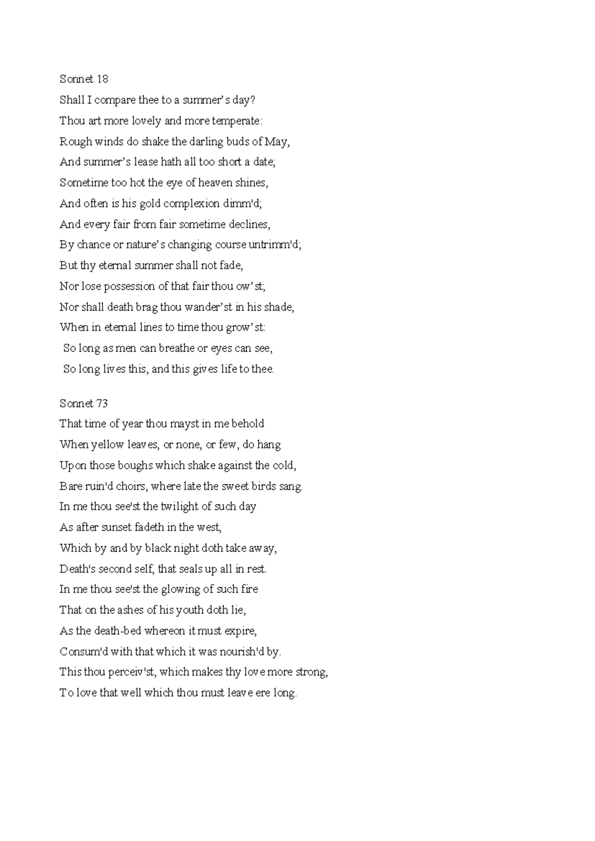 Sonnets Analysis: Sonnet 18 & Sonnet 73 Insights - Studocu