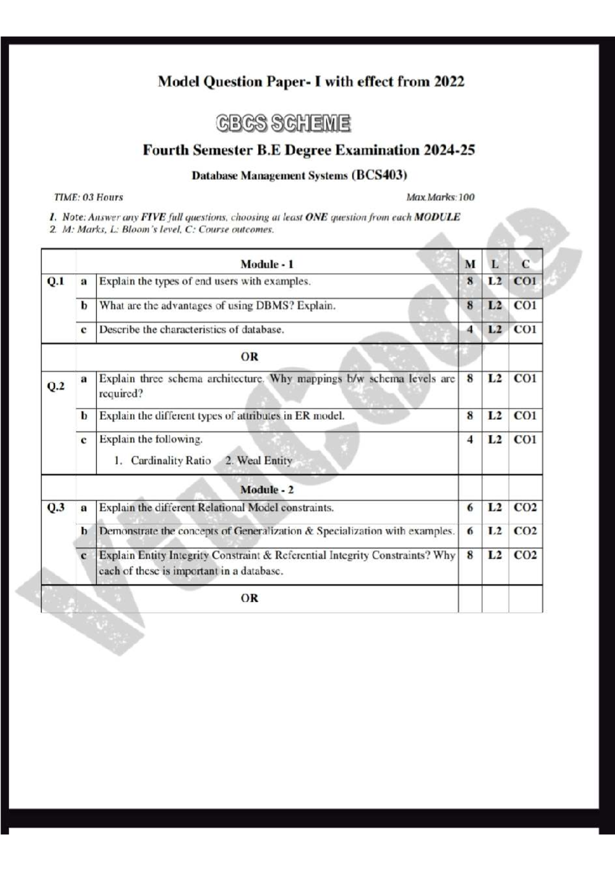 Model Question Paper I for BCS403: DBMS Fourth Sem Exam 2022 - Studocu