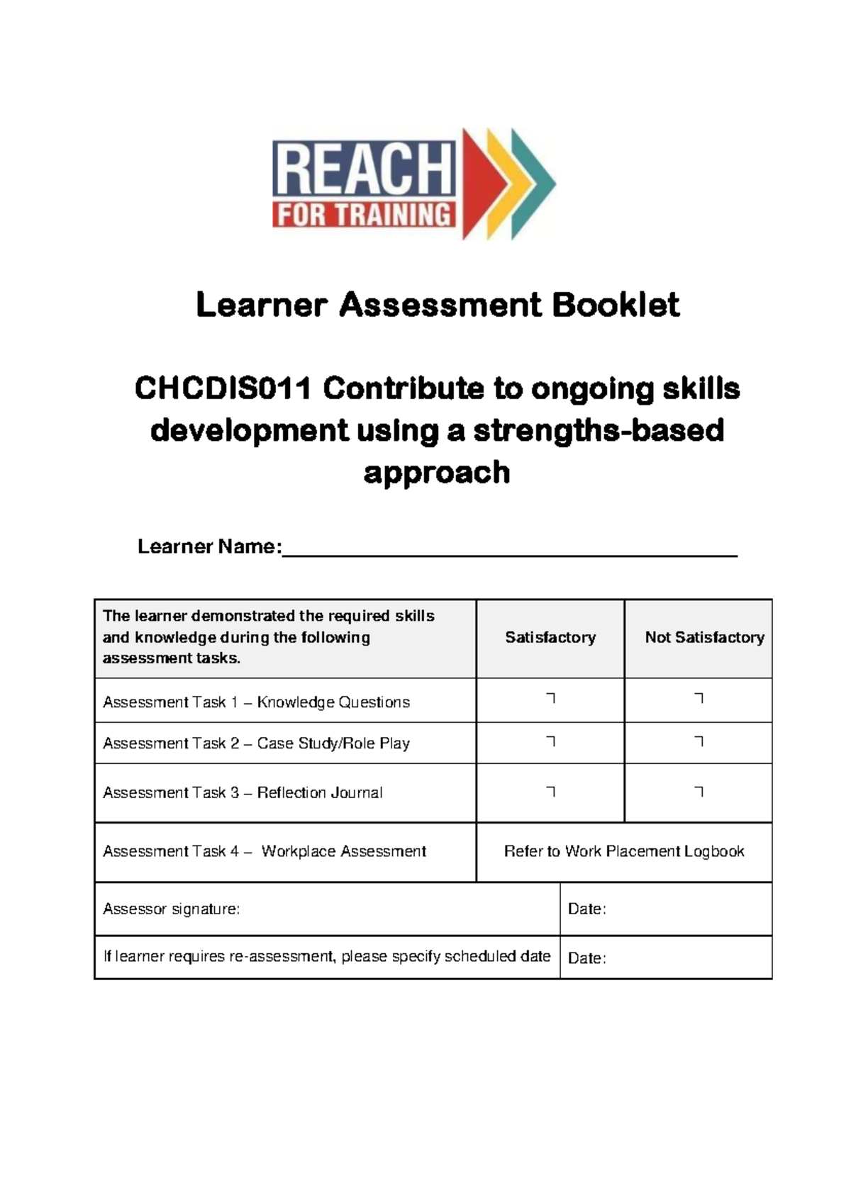 CHCDIS011 Learner Assessment Booklet: Skills Development Tasks - Studocu