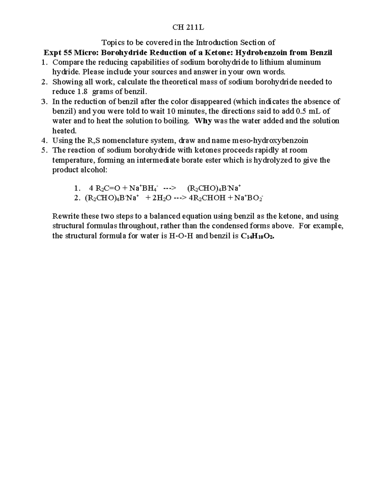 CH 211L Final Exam: Benzil Reduction and Borohydride Reactions - Studocu