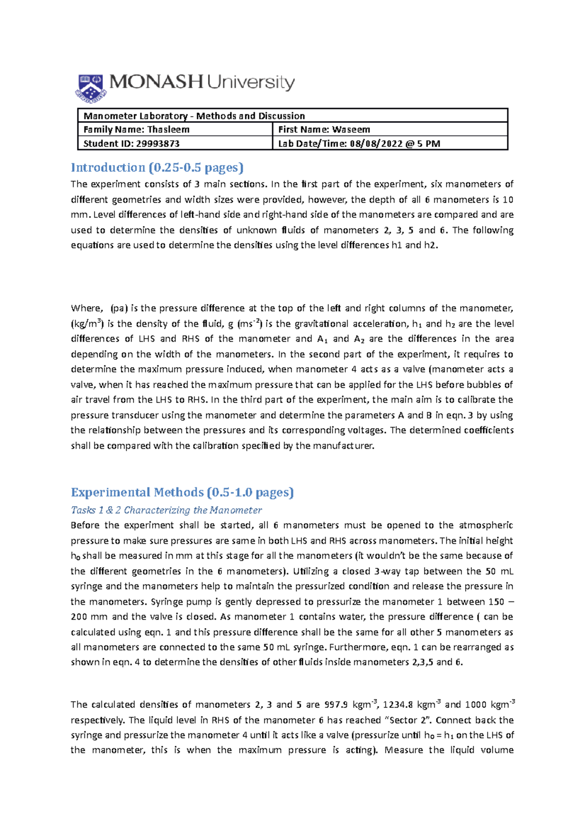 Manometer Lab Report Template - S2 2020: Methods & Results - Studocu