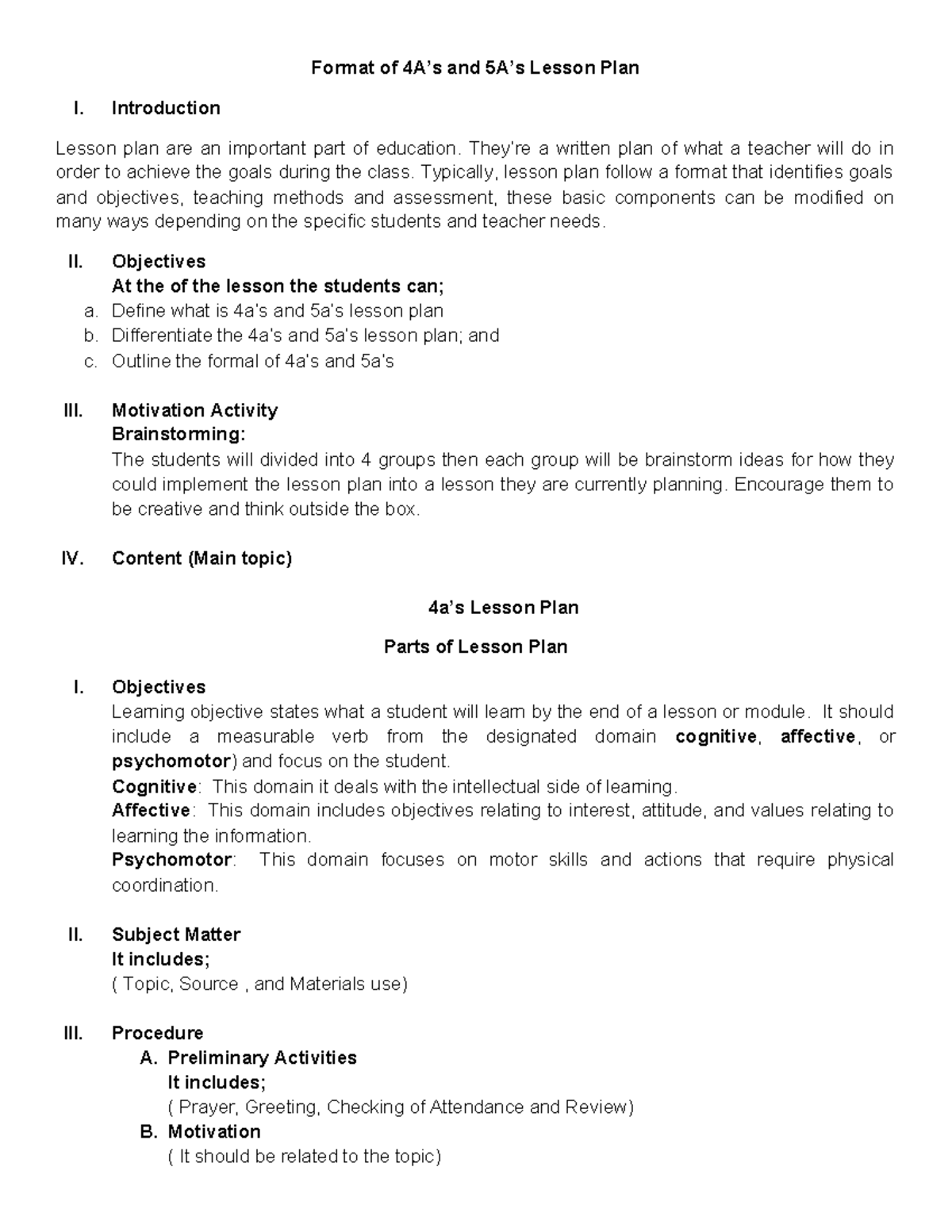 646410481 4A's and 5A's Lesson Plan Format Guide - Studocu