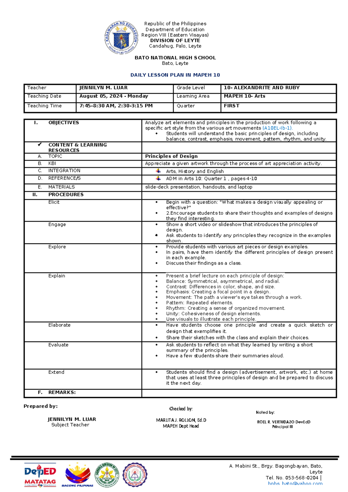 ARTS-obj1- Aug 5 - Mapeh 10 lesson plan - Checked by: MARLITA J. ROLLON ...