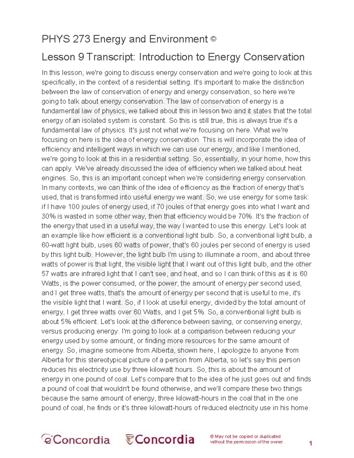 PHYS 273 Energy and Environment Lesson 9: Energy Conservation Overview - Studocu