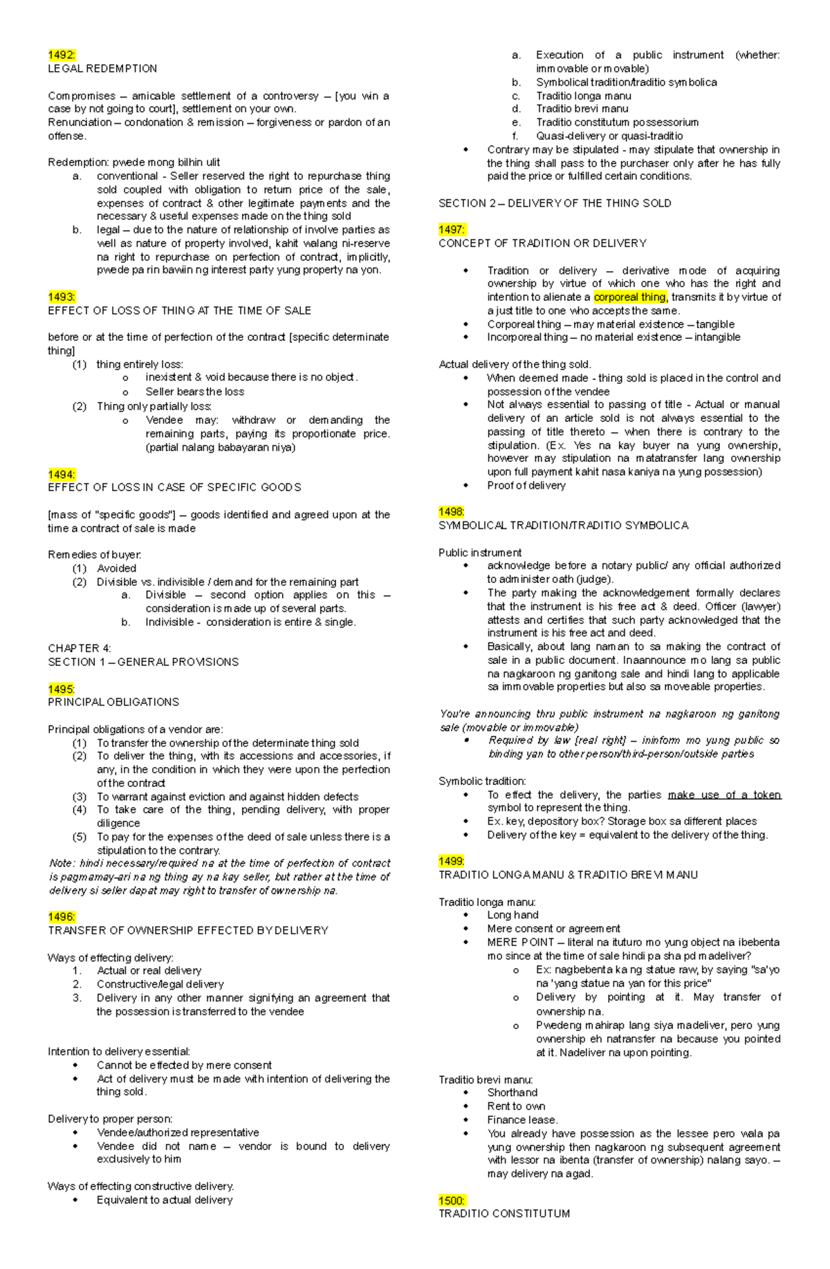 Legal Redemption and Delivery Concepts in Law (1492) - Studocu