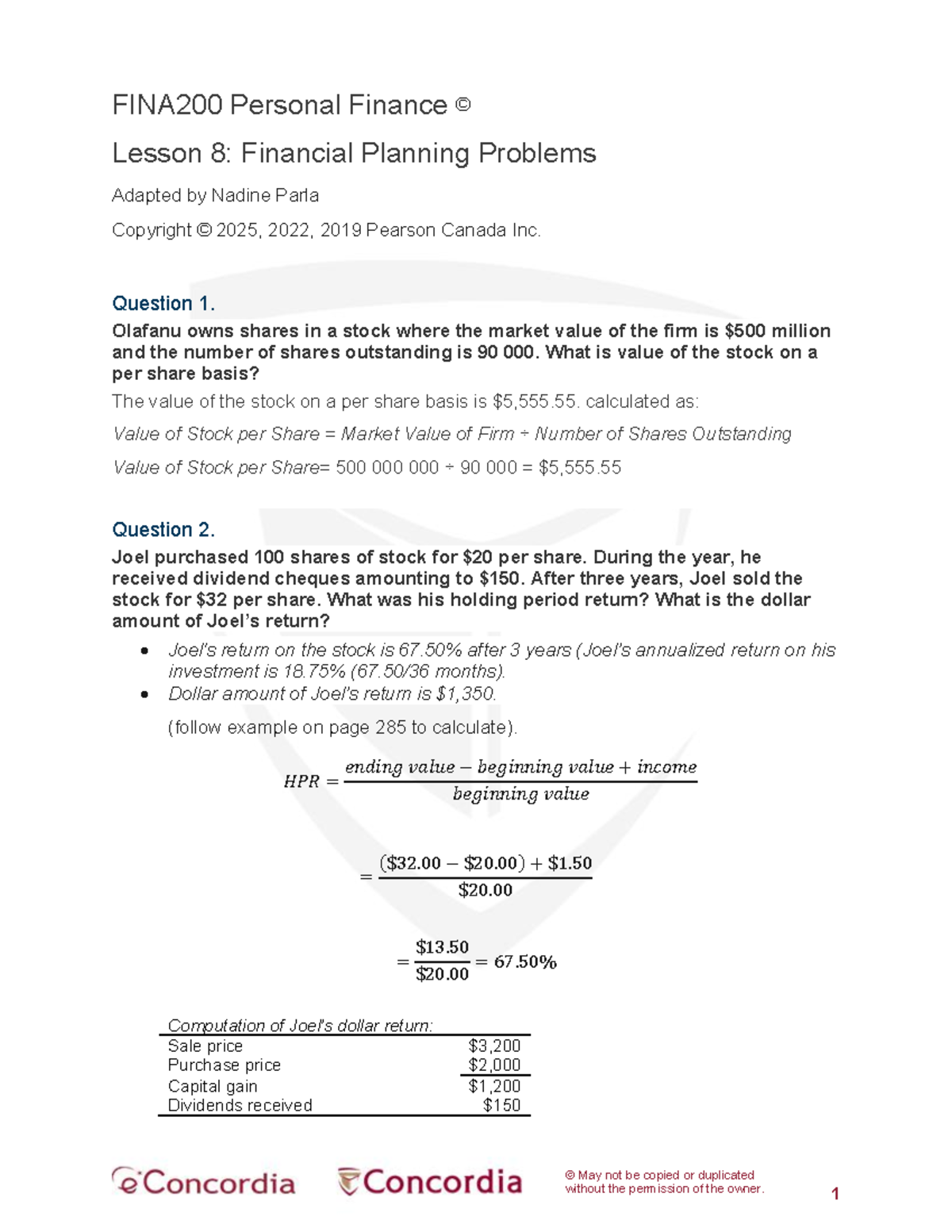 FINA200 Personal Finance Lesson 8: Financial Planning Problems - Studocu