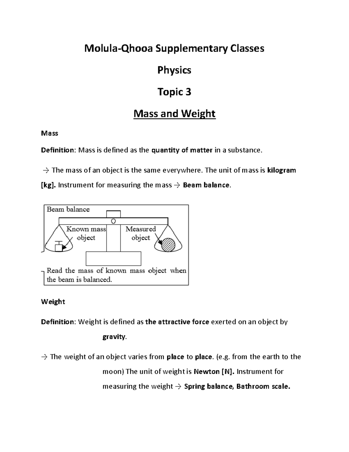 Physics Topic 3: Mass and Weight - Key Concepts and Definitions - Studocu