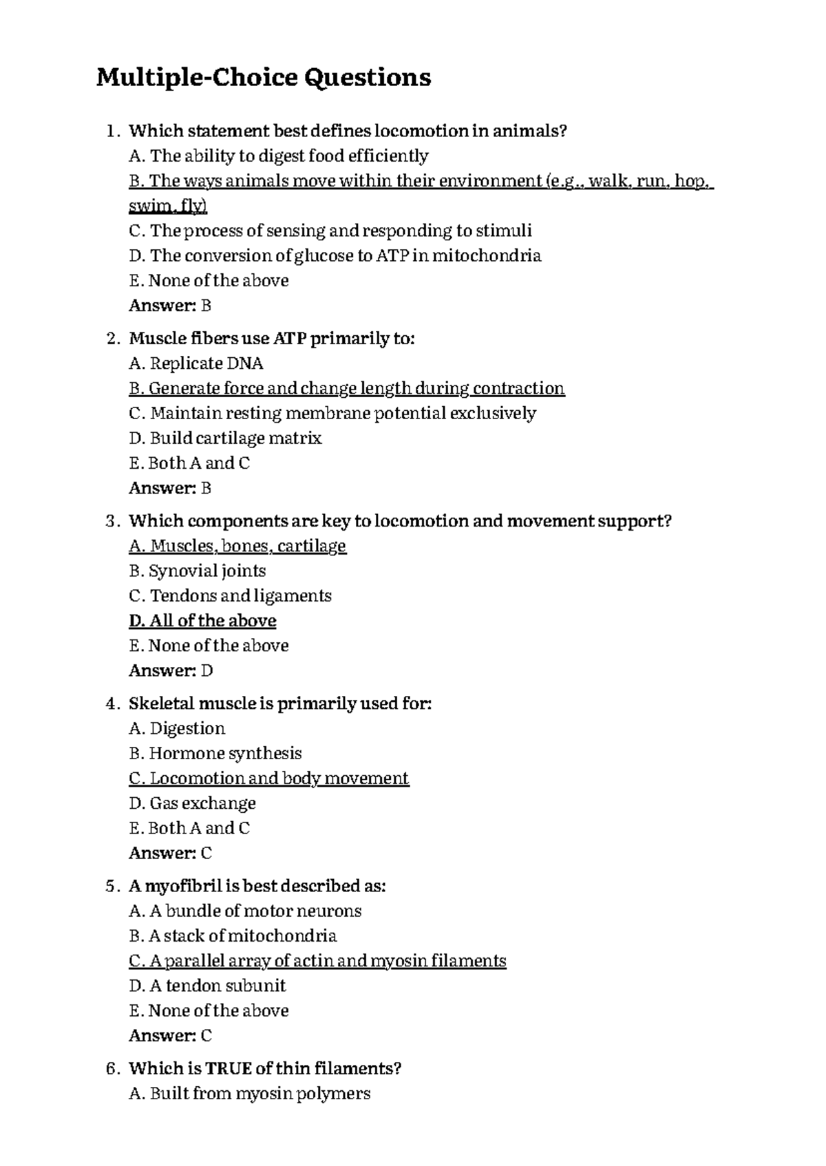 Bio 101 Test Practice - Locomotion and Muscle Function - Studocu