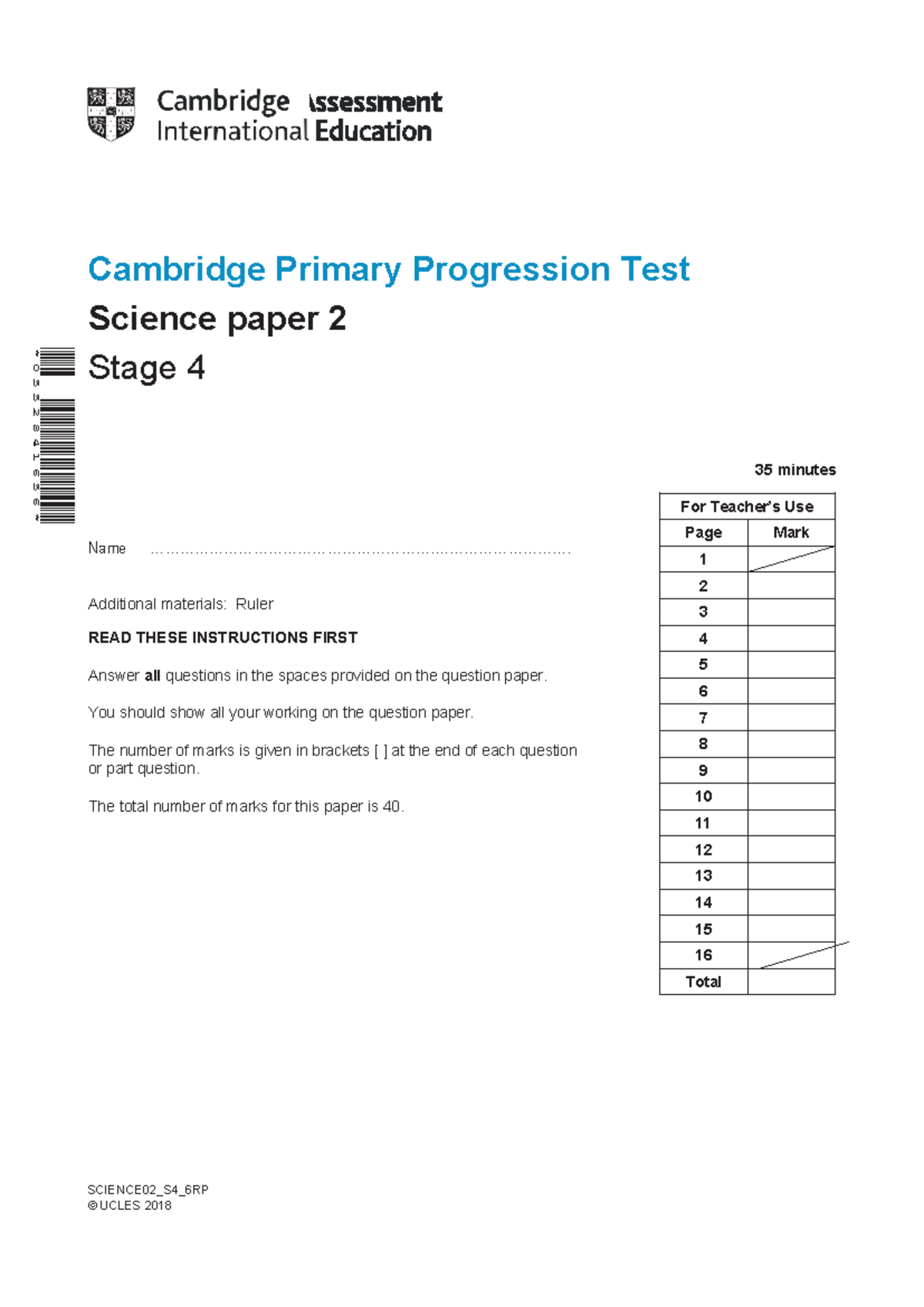 Cambridge Primary Science Progression Test P2 Stage 4 - Studocu