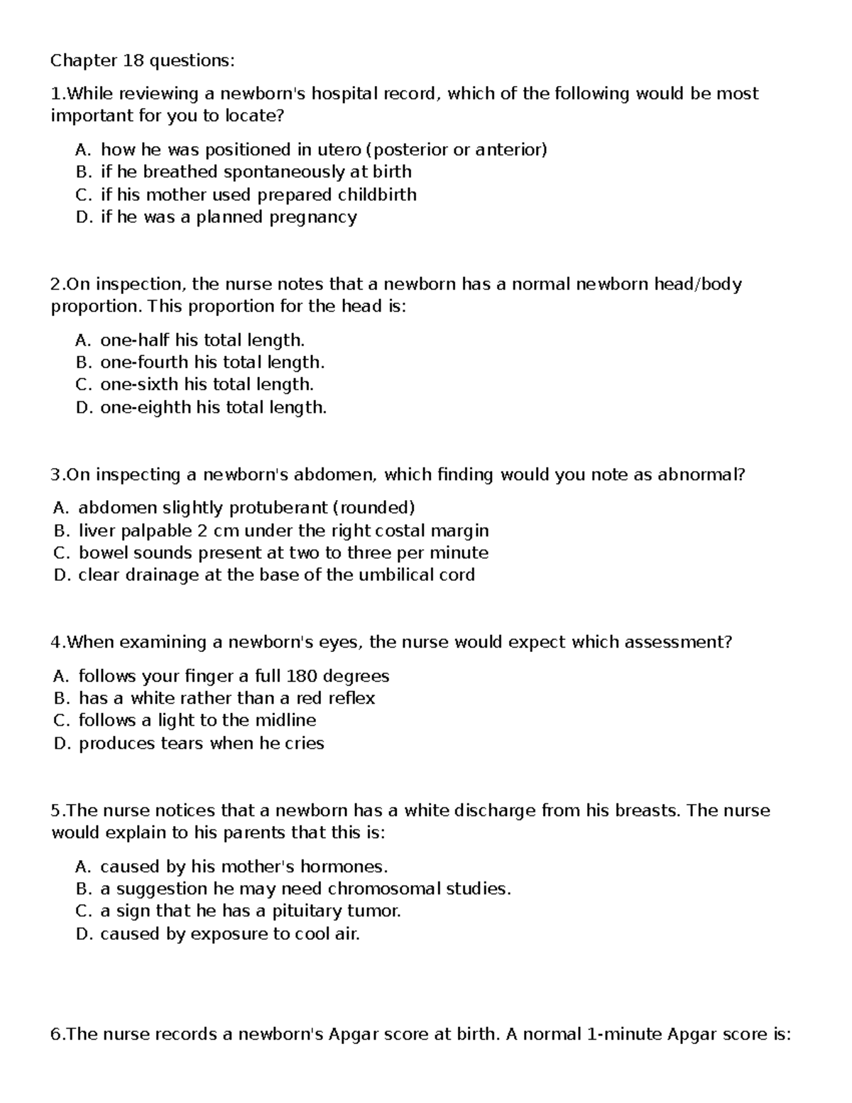 Chapter 18: Newborn Assessment Questions and Answers - Studocu
