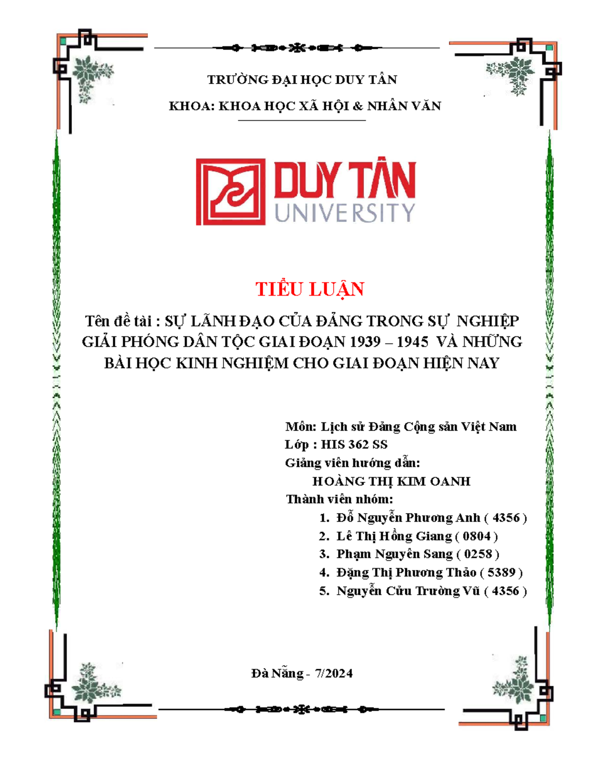 TIỂU LUẬN HIS 362 SS: LÃNH ĐẠO CỦA ĐẢNG TRONG GIẢI PHÓNG DÂN TỘC 1939-1945 - Studocu