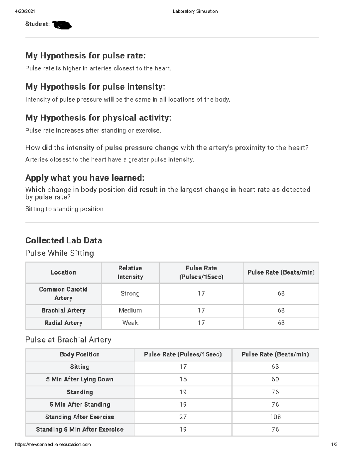 Cardiovascular Physiology - Pulse Rate - 4/23/2021 Laboratory ...