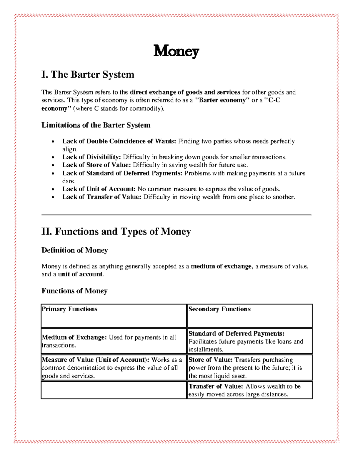 Money (Course Code) - Barter System and Functions of Money Exam Notes ...