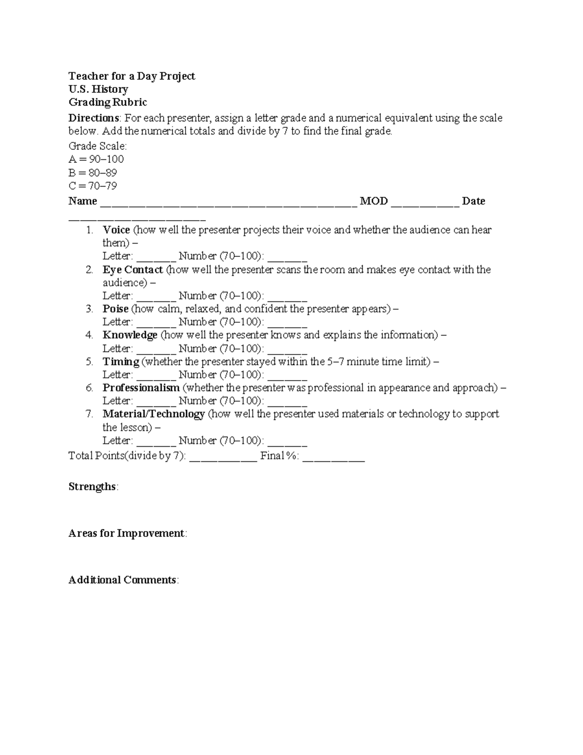 Teacher for a Day Project Grading Rubric USH-1 - Studocu