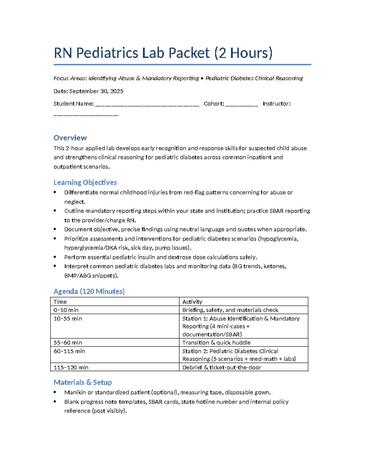 RN Pediatrics Lab Packet: Abuse Identification & Diabetes Clinical ...