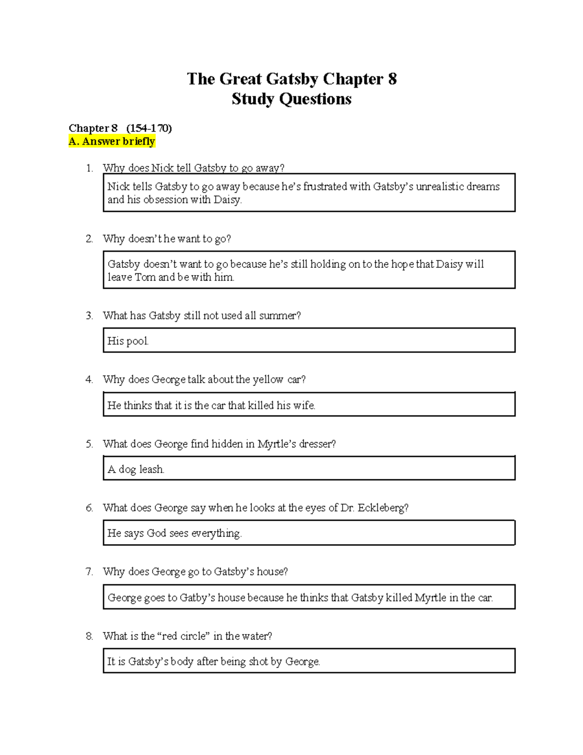 Ch 8 study questions for The Great Gatsby (ENG 101) - Studocu