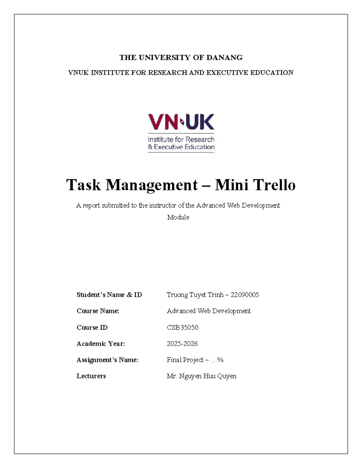 CSB35050 - Final Project Report on Task Management Mini Trello - Studocu