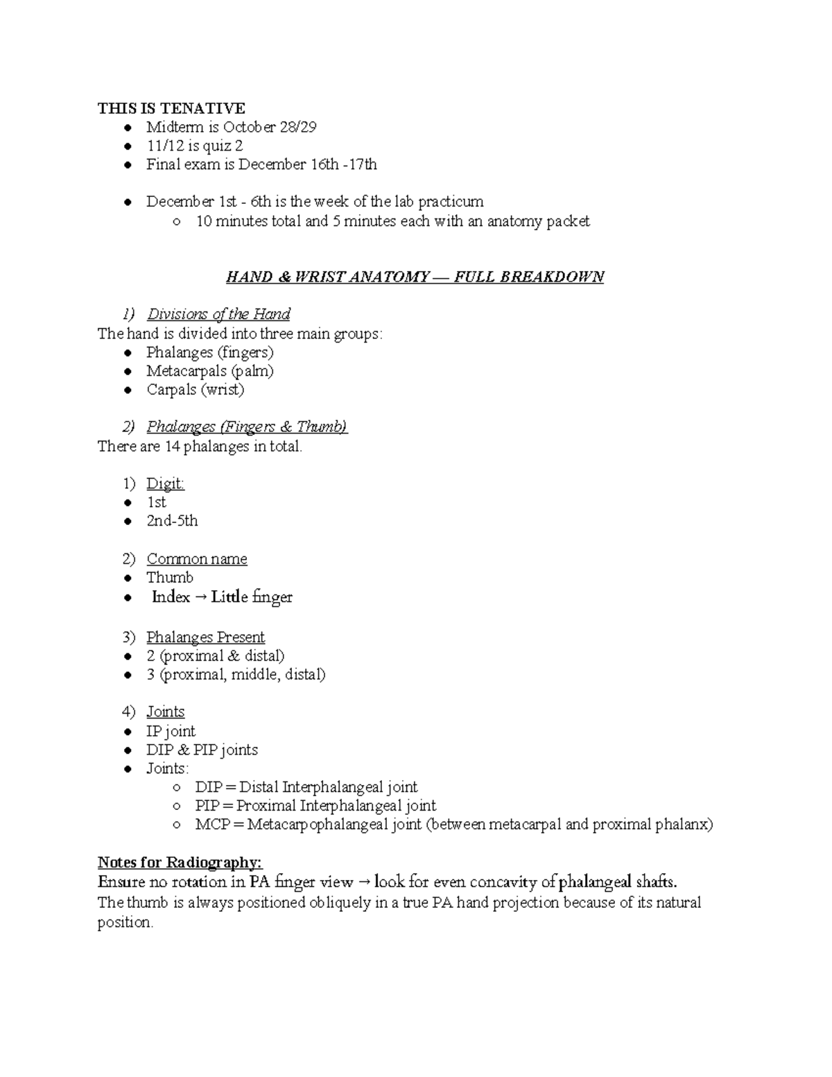 Hand & Wrist Anatomy: Key Radiographic Positions & Pathologies (Midterm ...
