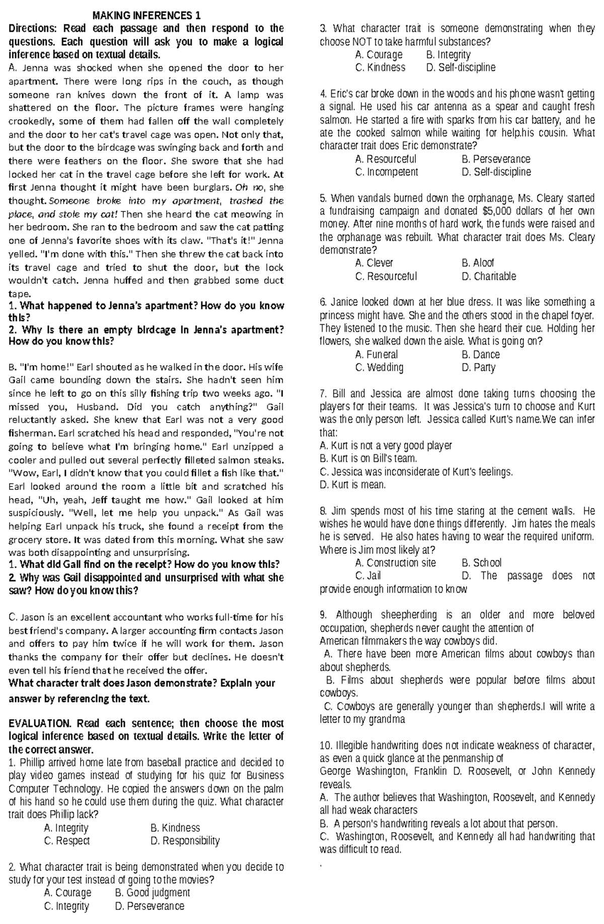 Making Inferences 1 - Reading Comprehension Practice Questions - Studocu