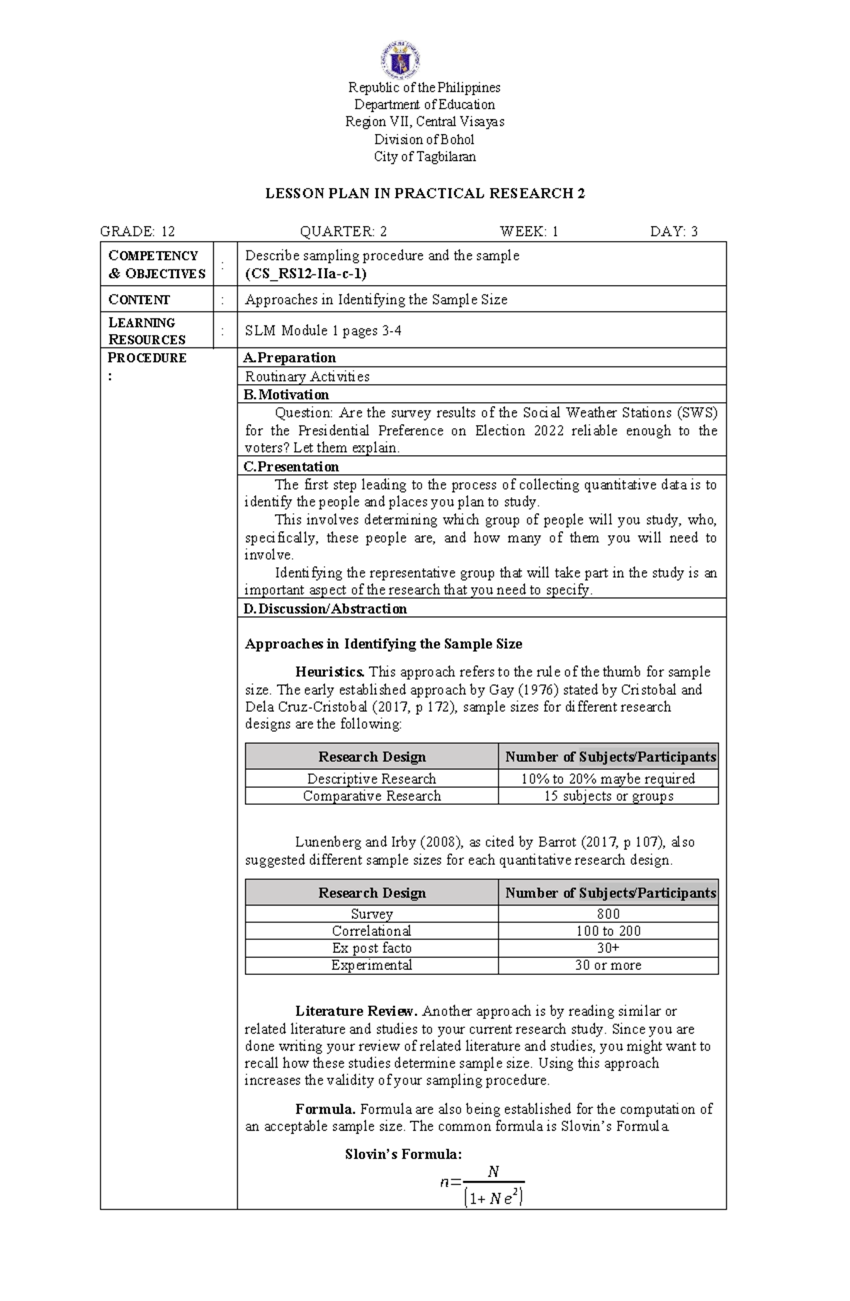 Q2 Module 1 day3 - DAILY LESSON PLAN - Republic of the Philippines Department of Education ...