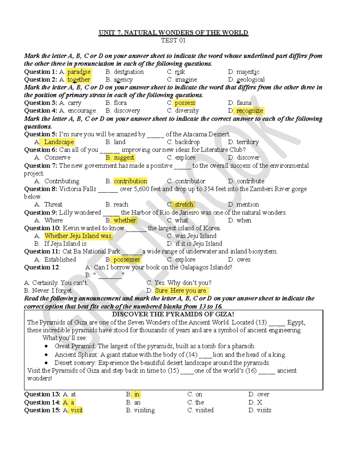 Unit 7. Natural wonders of the world test 01 answer key - Studocu
