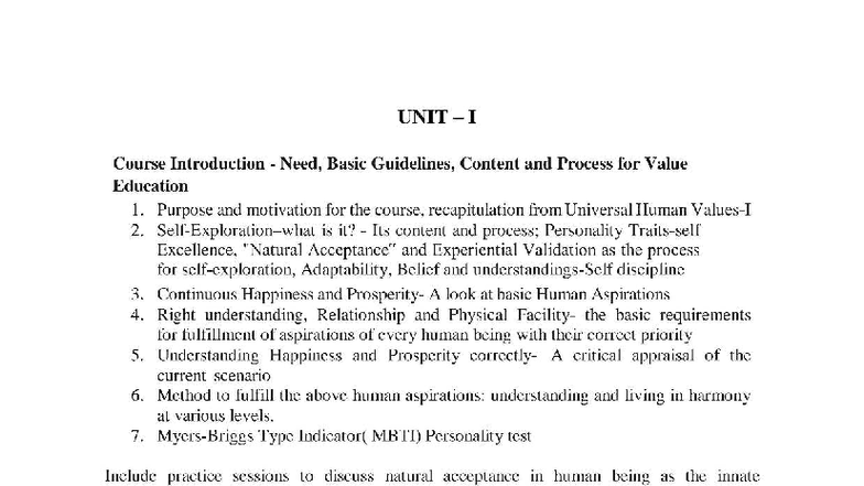 Unit I - Introduction to Value Education: Purpose, Content, and Process ...