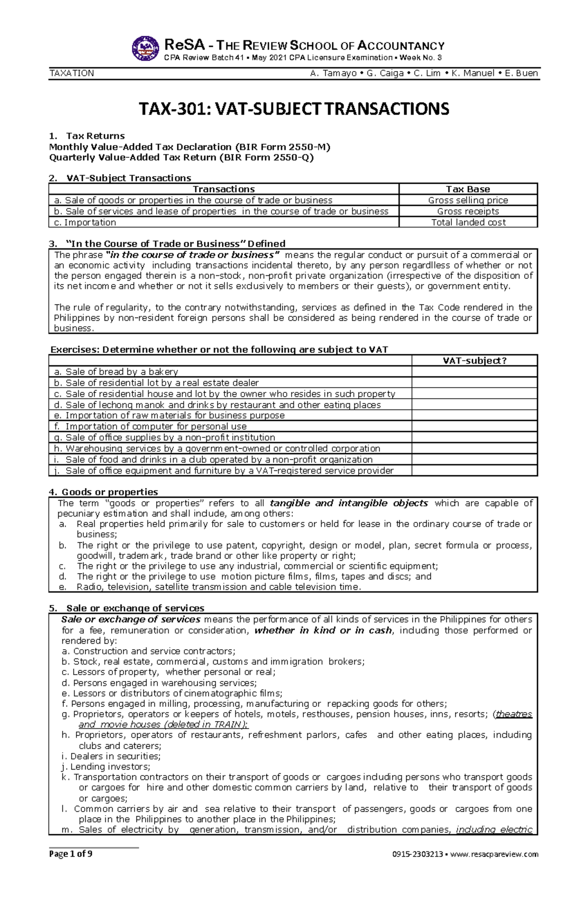 TAX-301 - Lecture notes 7 - ReSA - THE REVIEW SCHOOL OF ACCOUNTANCY CPA ...