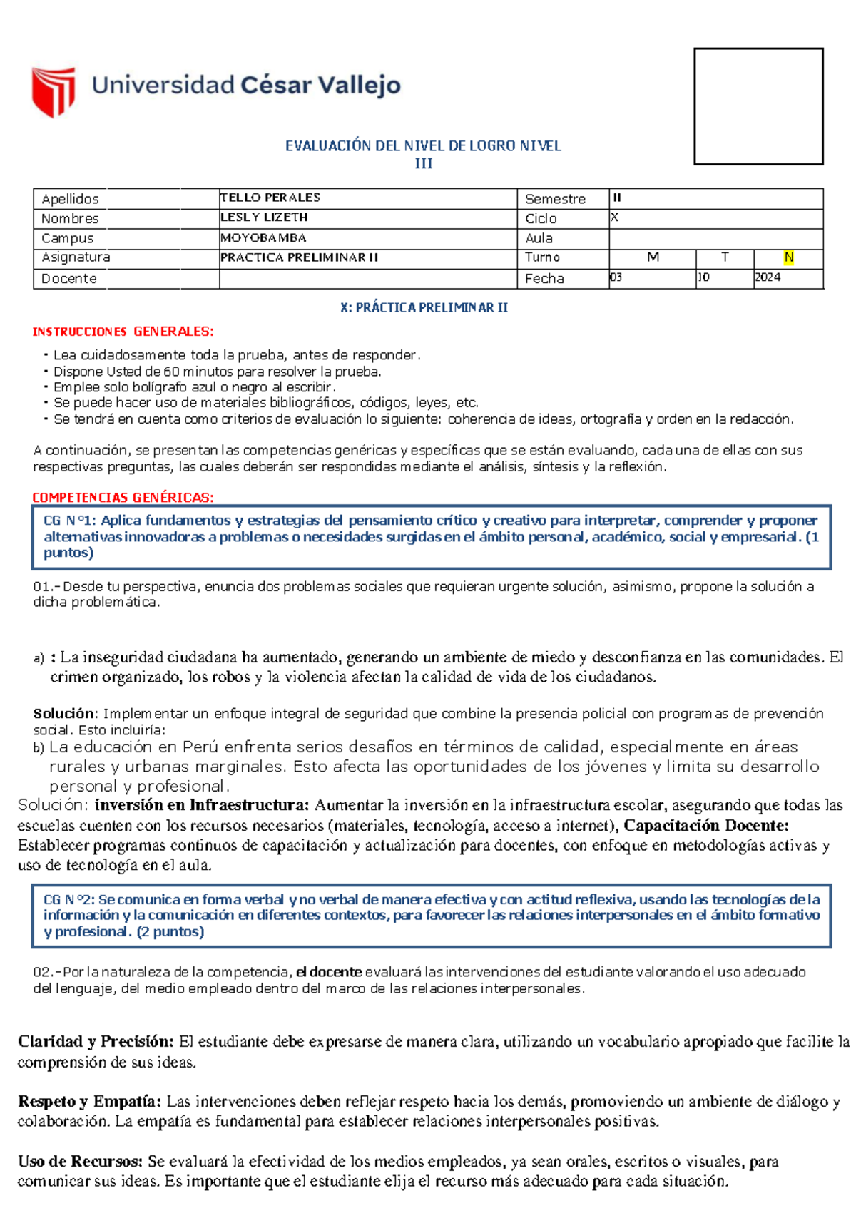 Prueba DE Nivel Logro III Lesly Lizeth Tello Perales - EVALUACIÓN DEL ...