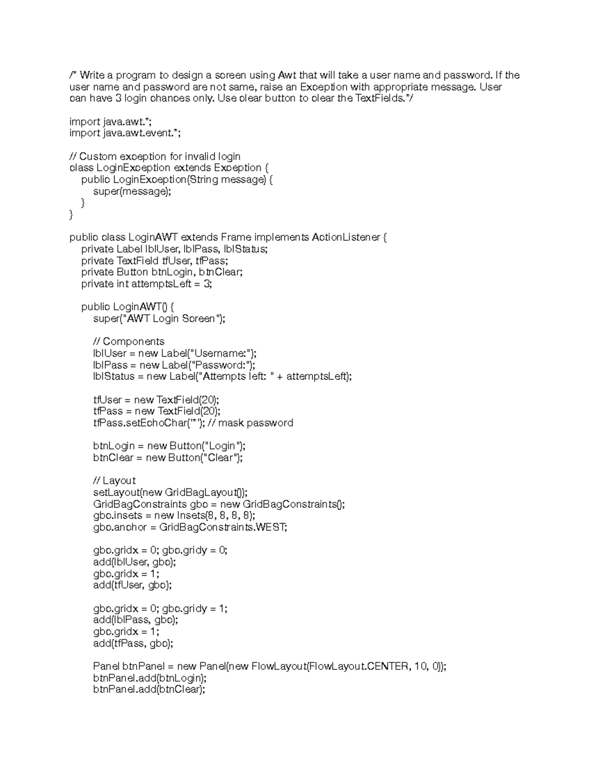 Java AWT Login Program with Custom Exception Handling - Studocu