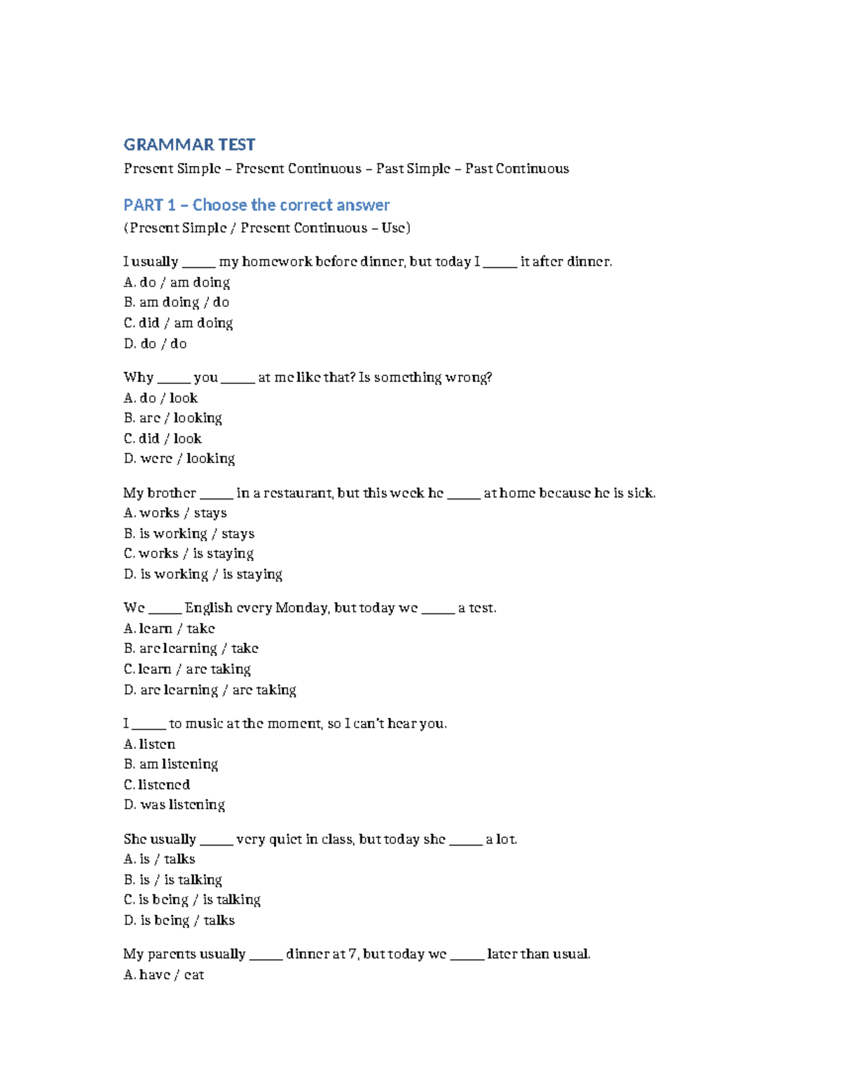 GRAMMAR TEST: Present Simple, Continuous, Past Simple & Continuous ...