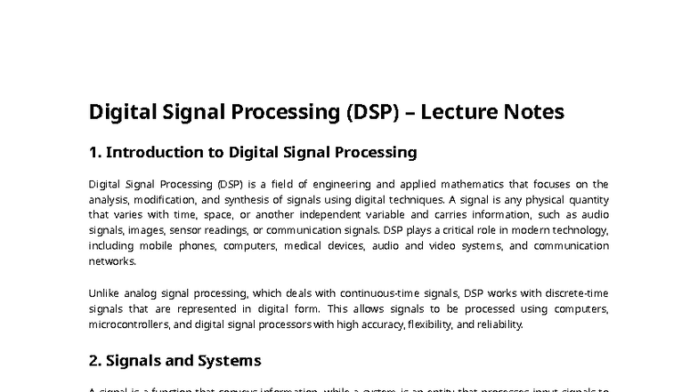 Digital Signal Processing Dsp Lecture Notes An Overview Studocu