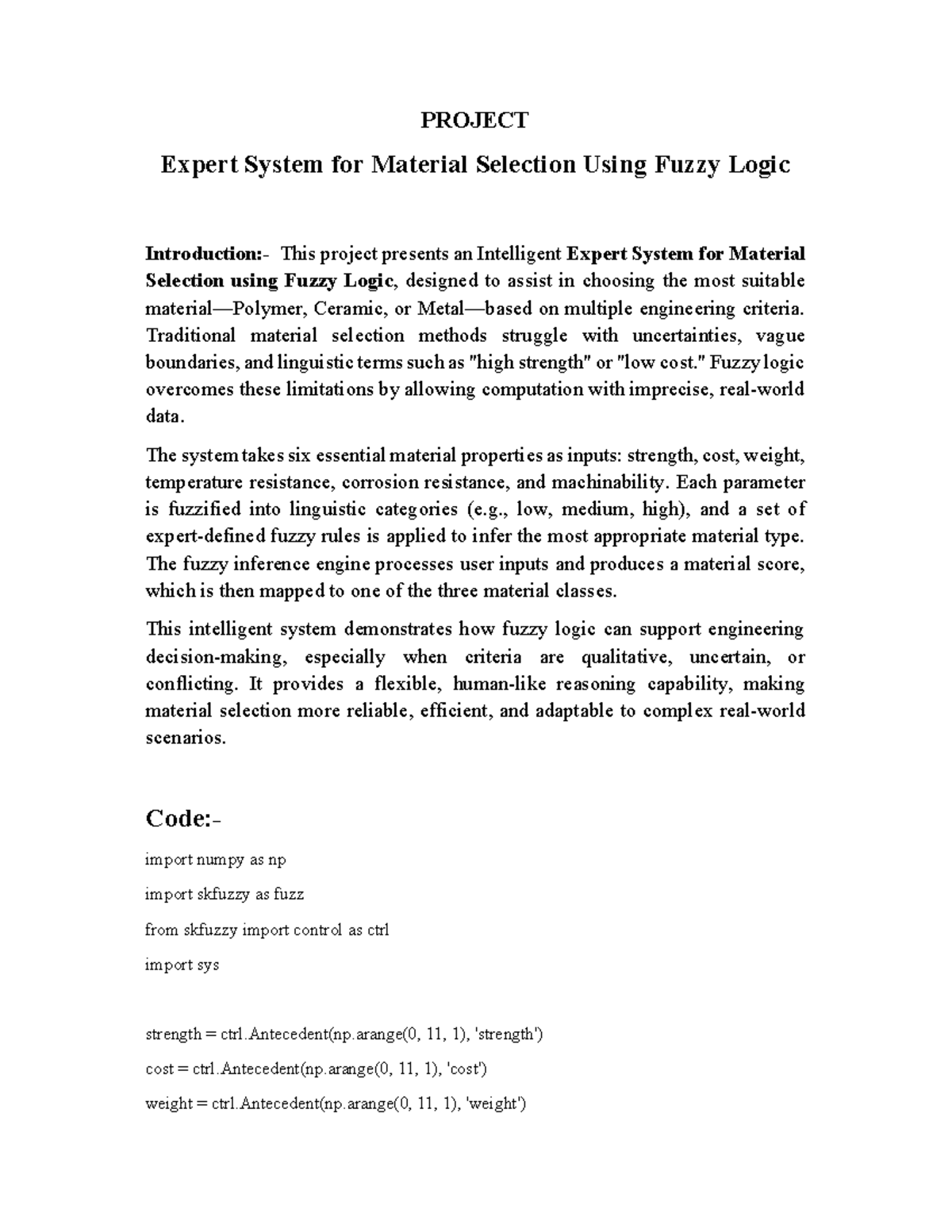 PROJECT: Expert System for Material Selection Using Fuzzy Logic - Studocu