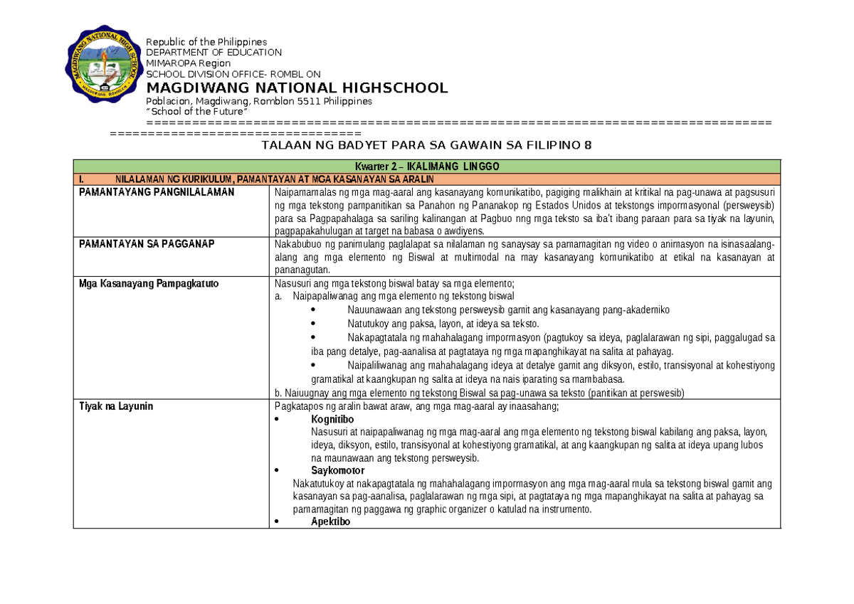 BOW WITH DLP: Grade 8 Filipino 8 Quarter 2 Week 5 Activities - Studocu