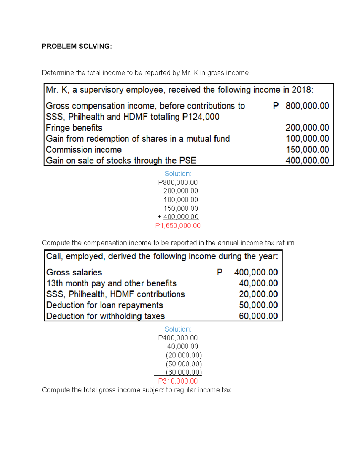 Problem Solving Income Taxation - PROBLEM SOLVING: Determine the total ...