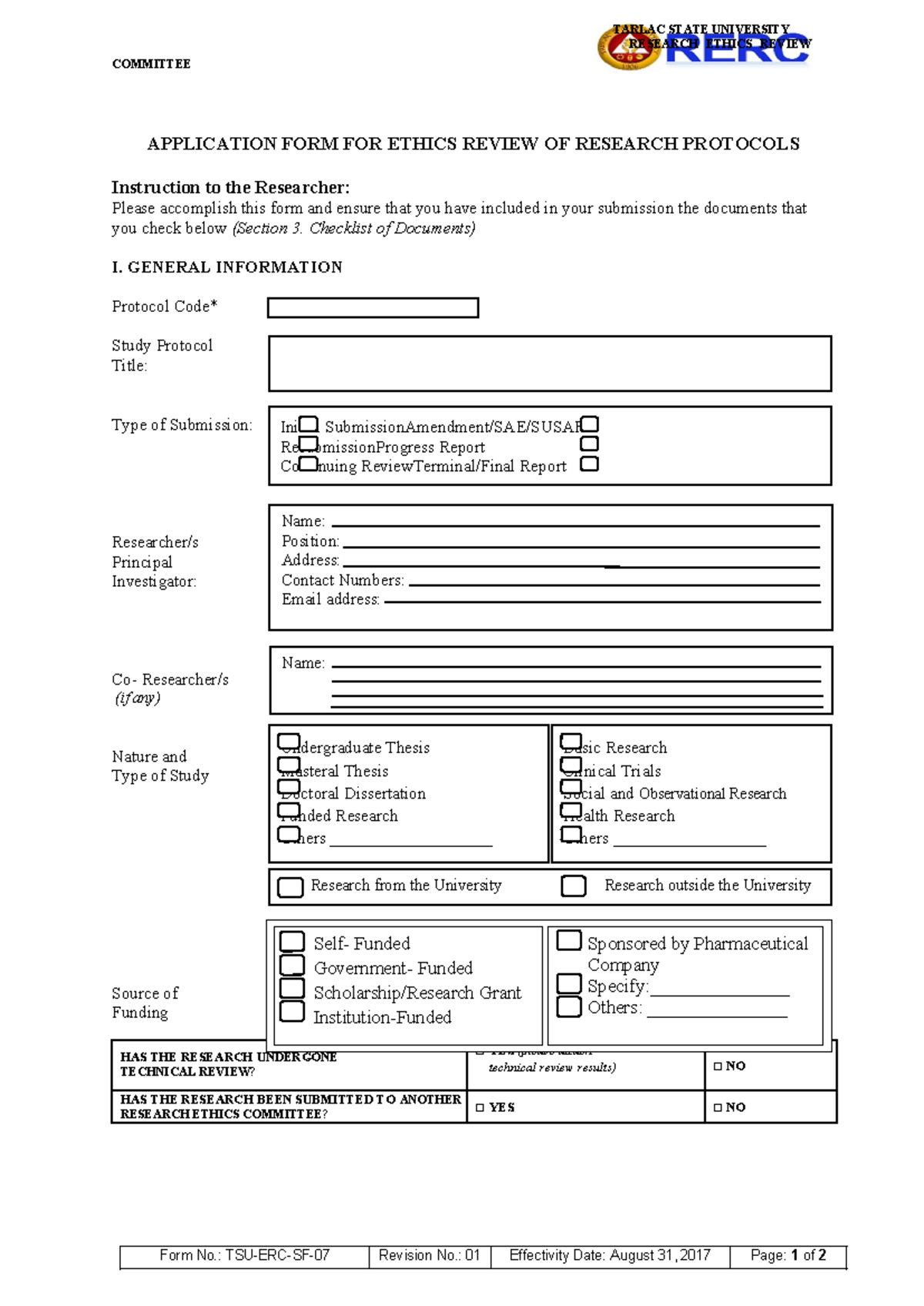 TSU-ERC-SF-07 Research Ethics Application for Protocol Review - Studocu